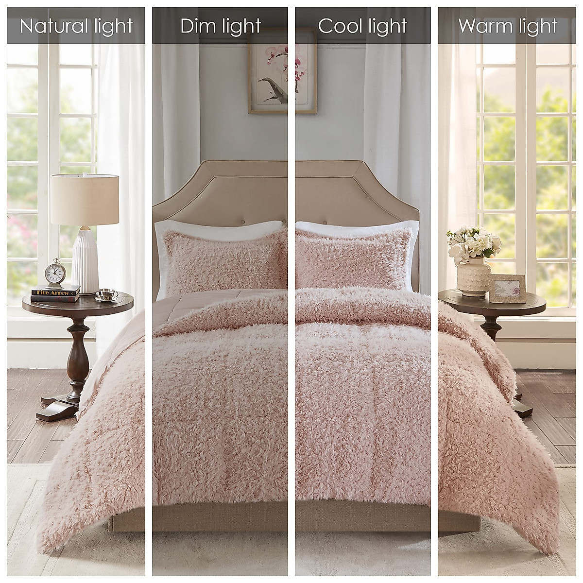 Madison Park Nova Luxury Soft Mohair Reverse Faux Mink Comforter Set, Full/Queen 90"x90", Blush Pink