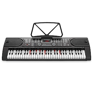 Hamzer 61-Key Electronic Keyboard Portable Digital Music Piano with Lighted Keys, H-Stand, Stool, Headphones, Microphone, & Sticker Set