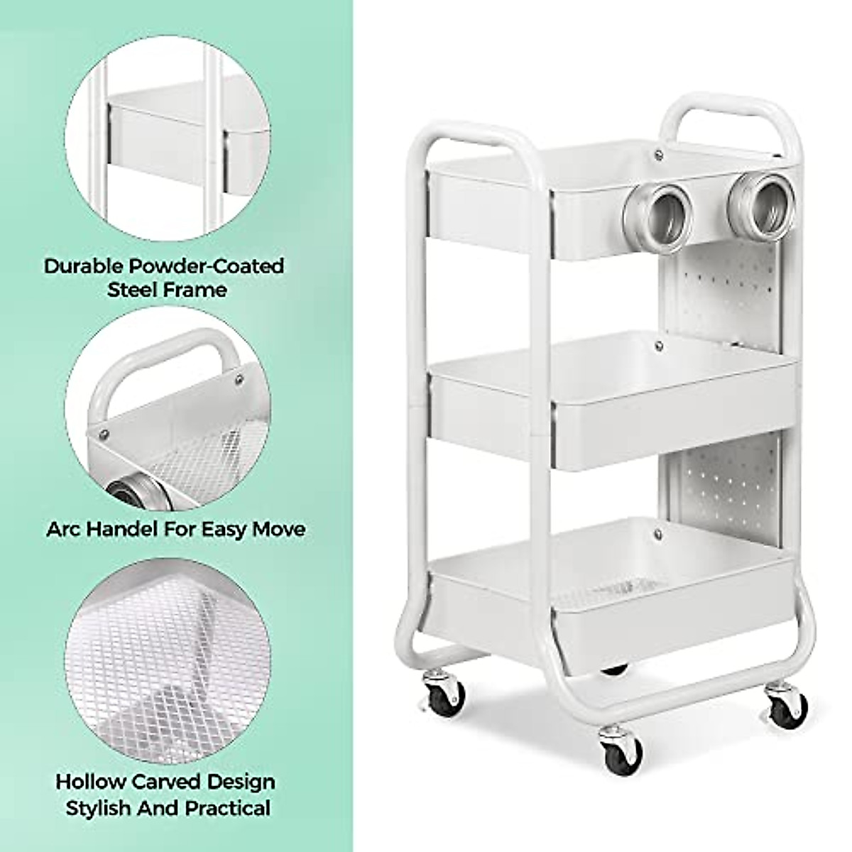 DESIGNA 3-Tier Rolling Cart, Utility Cart with Handle, Extra 3 Storage Accessories, Removable Pegboard, Easy Assembly Craft Carts for Kitchen, Bathroom, Office, Metal, White