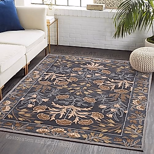 Restoration and Renovation Handmade Floral Adeline Beige/Blue Tulips Traditional Crafted Wool Area Rug for Living Room Bedroom and Kitchen (Blue, 4X6 FT)