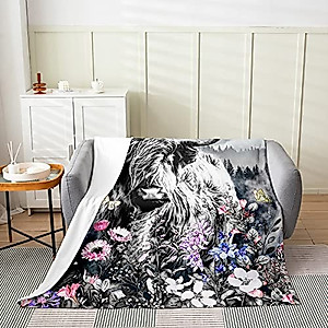 Erosebridal Highland Cow Flower Blanket Queen 90x90 Bull Cattle Throw Blanket Western Funny Animal Fleece Blanket Stuffing Wildlife Farmhouse Cow Bed Blanket Mountain with Firforest Bedroom Decor