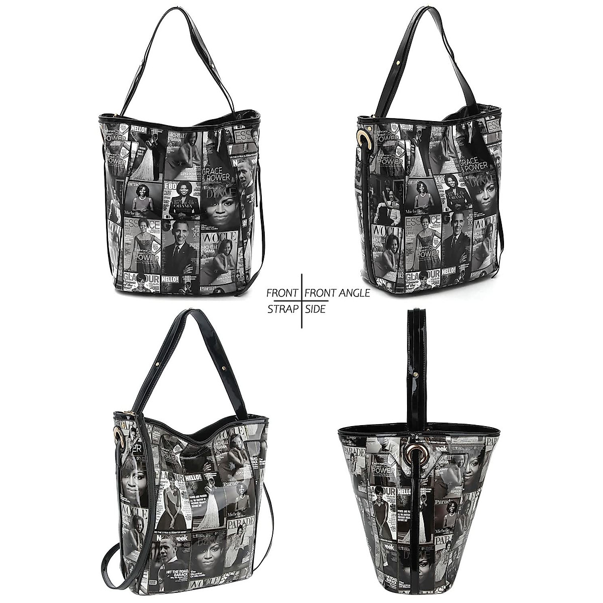 Michelle Obama Magazine Cover Collage Shoulder Bag Wallet Set 2pcs Set (Black/White)
