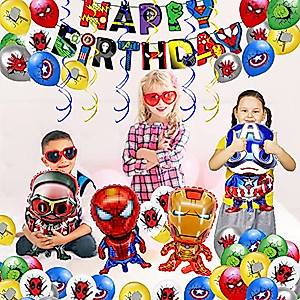 115 Pcs of Superhero Party Decorations, Superhero Birthday Decorations for Girls and Boys Birthday Party Supplies with Superhero Plates Tablecloth Banner, Balloons, Stickers, Hanging Decorations