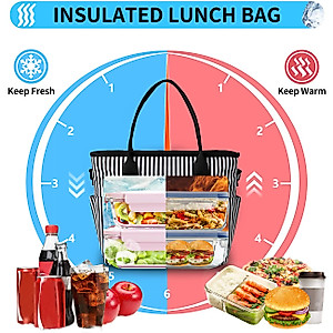 Lunch Bag for Women, ChaseChic Insulated Thermal Lunch Tote Bag Large Lunch Box Container for Adults with Adjustable Shoulder Strap, Reusable Lunch Cooler Bag for Office Work Picnic, Stripe