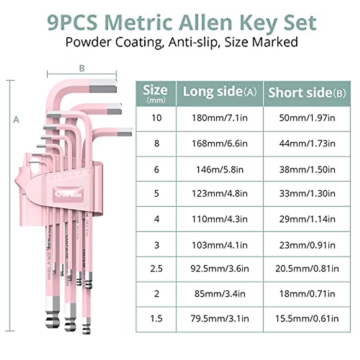COLFULINE 9 PCS PINK Allen Key Set, Long Ball End Hex Key Set, Cr-V Allen Wrench Set for Women, Size 1.5-10mm with Colour-Coding for Best Gifts and Home Repair
