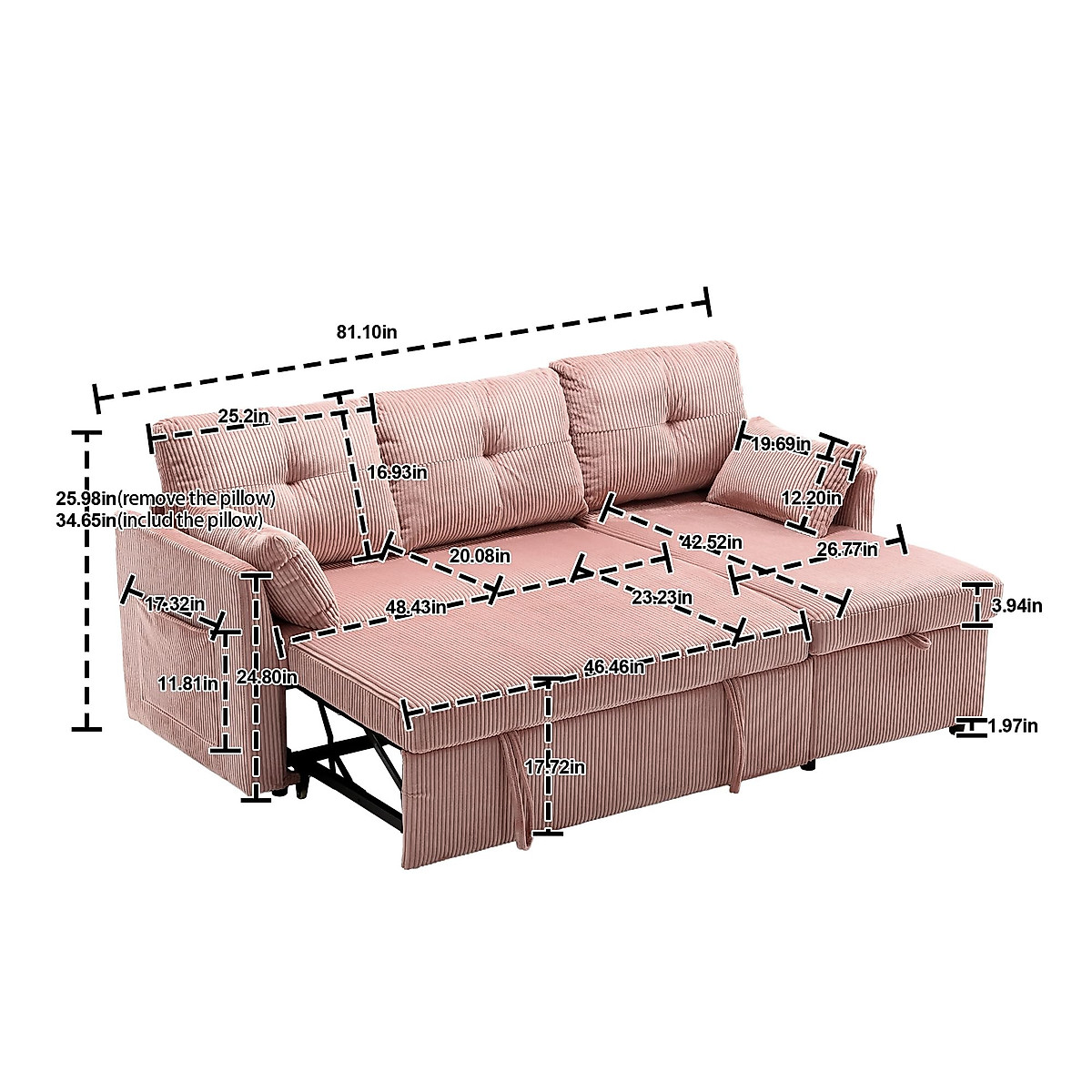 3 Seater Convertible Sleeper Sectional Sofa Bed with Reversible Chaise Lounge and Pull Out Bed , Comfy Corduroy Upholstered Sleeper Corner Couch Bed, L Shaped Pullout Sofabed for Small Places RV