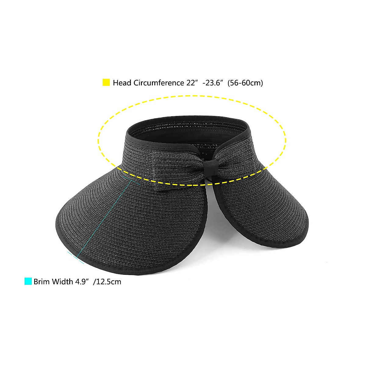 Women Sun Visors Foldable Straw Hats Summer Beach Packable Hat Floppy Wide Brim Cap Big Heads Sombrero (Black)