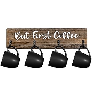 Bivvclaz Coffee Mug Holder Wall Mount, Acacia Wood Coffee Cup Holder, But First Coffee Rustic Wood Wall Sign, Mug Hanger Organizer Shelf Rack, Farmhouse Kitchen Decor and Coffee Bar Accessories