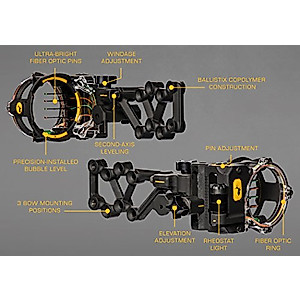 Trophy Ridge React H4 Bow Sight - 4 Pin Sight, Tool Less Windage and Elevation Adustability, 2nd Axis Leveling, Adjustable Click Light, Black