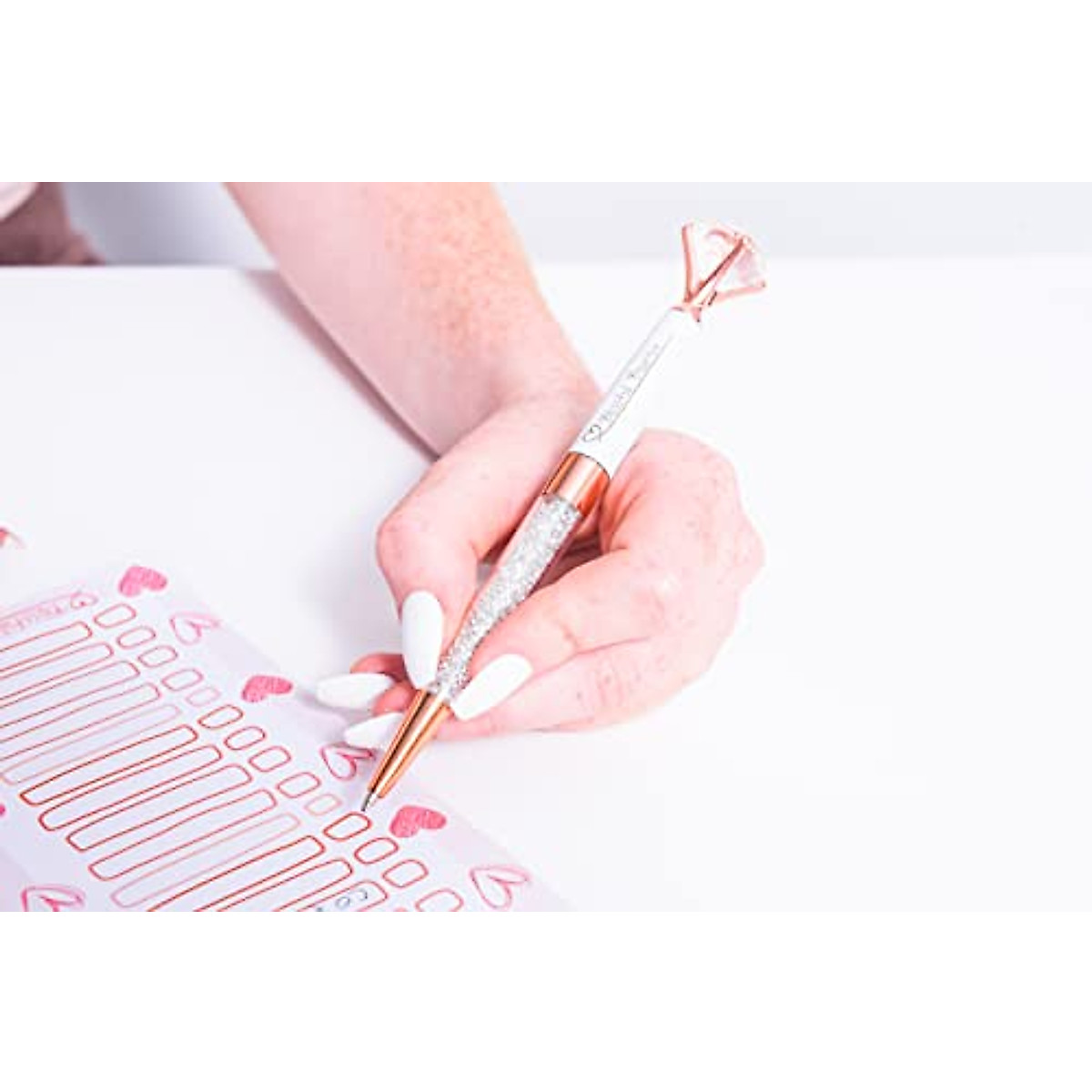 Blissful Bounty Diamond Metal Ballpoint White Pen in Rose Gold with Black Ink | 4 Ink Refills | 6.1 Inches Long