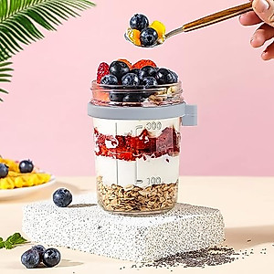 Tekuve 4 Pack Overnight Oats Containers with Lids and Spoon, 16 oz Glass Mason Jars with Airtight Lid for Overnight Oats Meal Prep Chia Yogurt Salad Fruit Gray White