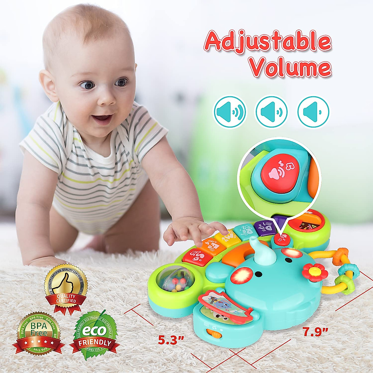 Kidpal Baby Musical Toys for 3 6 9 12 18 Months Boys & Grils, Elephant Music Keyboard Piano Toy for Infant Kids Toddler 1 2 Year Old, Educational Light Up Toy with Fine Motor, Gift for Newborn Baby1