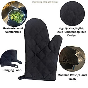Black Heat Resistant Oven Mitt Set- Quilted Polyester Kitchen Mitten