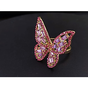 Pink CZ Butterfly Statement Ring for Women Gold Plated Boho Crystal Adjustable Open Band Wrap Finger Rings Comfort Fit Dainty Birthday Wedding Anniversary Mother's Day Christmas Jewelry