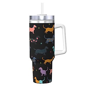 deaokluy 40 OZ Dachshund Puppy Dog Ice Bully Cup with Handle Straw, Double Wall Stainless Steel Tumbler Travel Coffee Cup with Lid, Cartoon Insulation and Cooling Cup for Christmas Birthday Present