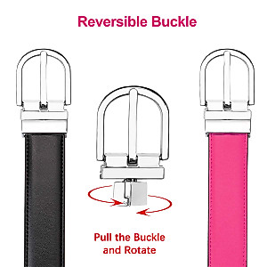 Falari Women Reversible Belt Genuine Leather Fashion Dress Belt With Single Prong Buckle 6027 (Black/Hot Pink, L (fit waist 26-38))