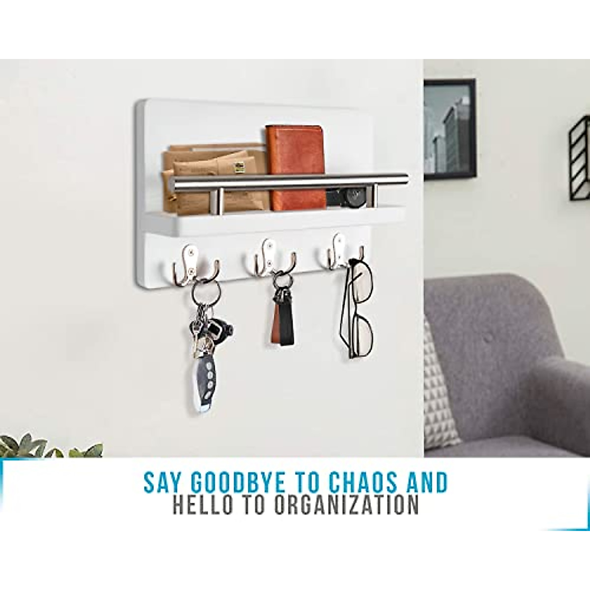 Comfify Key Holder for Wall - Natural Pine Wood Texture, Modern Decorative Finish, Metal Key Hooks with Mail Organizer/Sorter Slot White