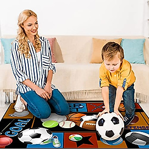 Balls Rugs Area Rug Non-Slip Fun Sport Rugs, Gaming Carpet Balls Print with Basketball Rugby Football Tennis for Boys Girls Bedroom Play Room Game Area Home Decor (63" x 47")