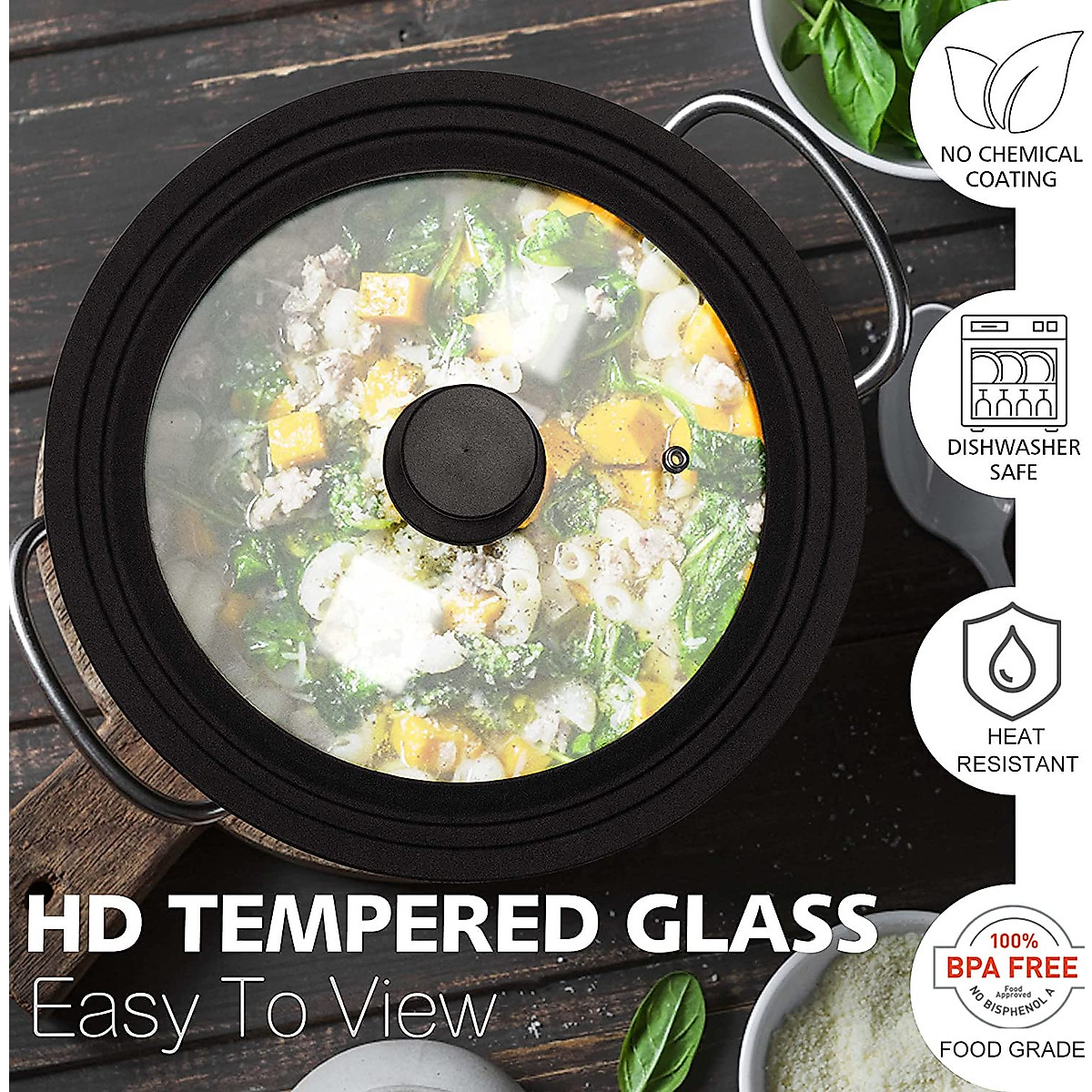 Anaeat Silicone Universal Lid for Pots, Pans and Skillets - Tempered Glass Covered with Heat Resistant Silicone Rim Fits 10", 11" and 12" Diameter Cookware -Easy to Use Replacement Frying Pan Cover