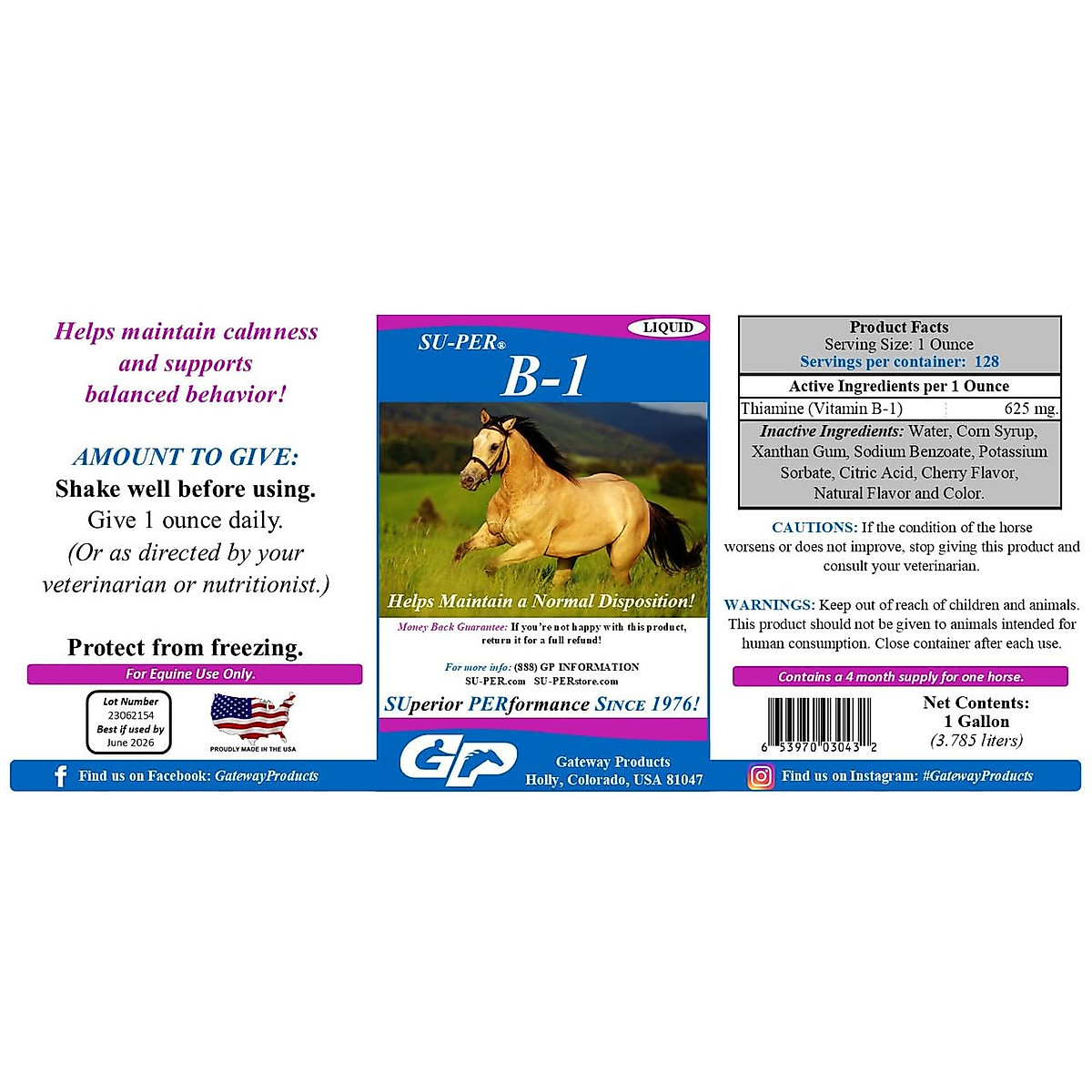 SU-PER B-1 Horse Calming Supplement - Equine Vitamin B-1 Support Horse Calmer Liquid - Appetite Booster Supplement for Horses - 1 Gallon, 4 Month Supply