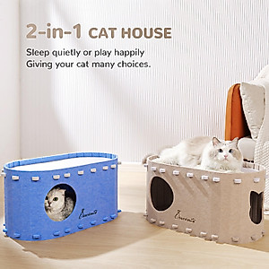 Hervimo Cat Beds for Indoor Cats, 2 in 1 Large Cat House, Foldable Cat Tunnel Enclosed Bed, Scratch Resistant Cat Bed Cave for Large Cats Up to 25lbs & Multiple Small Cats, Dark Camel