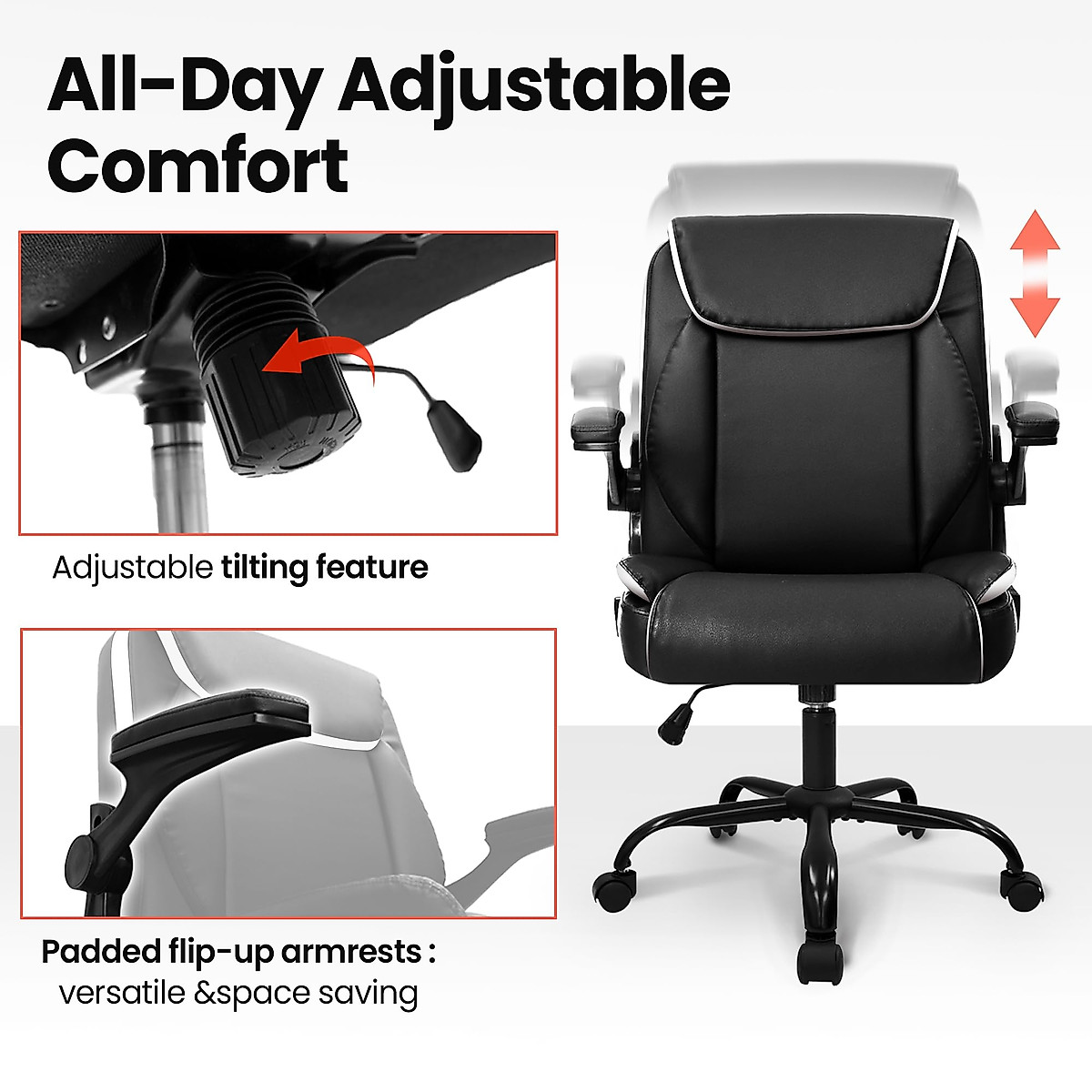 NEO CHAIR Office Chair Adjustable Desk Chair Mid Back Executive Comfortable PU Leather Ergonomic Gaming Back Support Home Computer with Flip-up Armrest Swivel Wheels (Black)