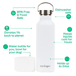 Springer Dog and Me Water Bottle, Stainless Steel Insluated Water Bottle, Keeps Water Cold for 12 Hours (White)