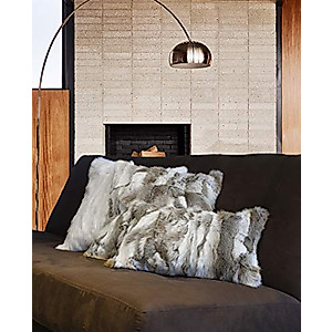 Set of 2, Natural Fur Throw Pillow Cover with Soft Poly Insert | Handcrafted Fluffy Decorative Pillow with Real Rabbit Fur, Tan/White, 12 in x 20 in