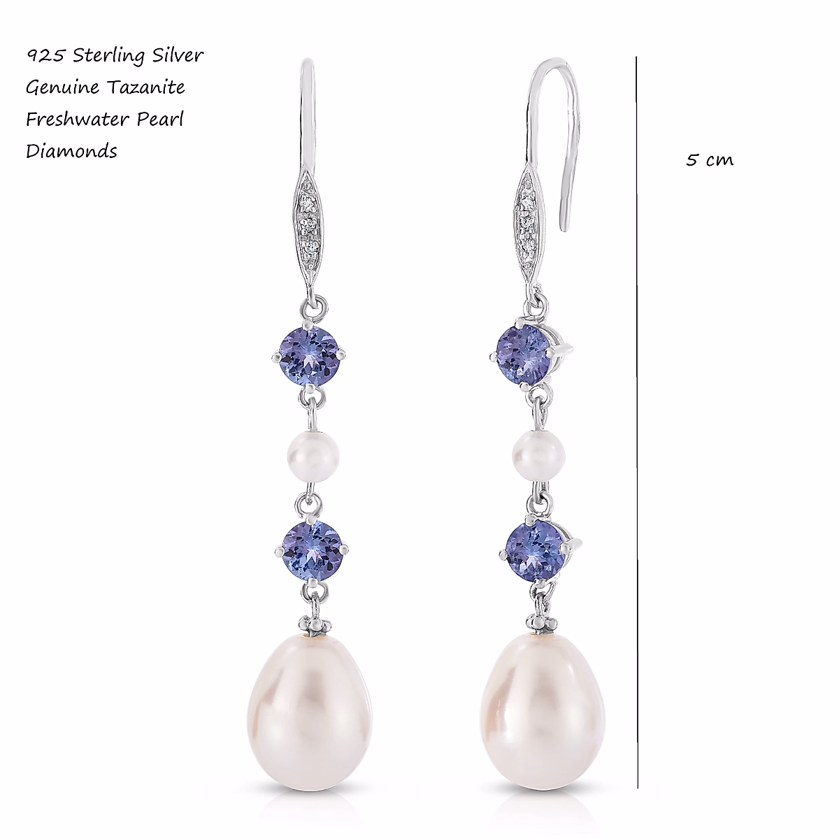 KOKAV Freshwater Pearl with Genuine Tanzanite and Diamond Dangle Earrings in 925 Sterling Silver