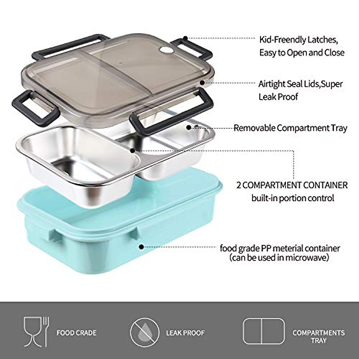 WORTHBUY Stainless Steel Lunch Container, 2 Section Design, Keep Foods Separated, Metal Bento Box with Insulated Lunch Bag Portable Utensil, Kids/Women/Adults, BPA-Free(2nd Generation,Blue)