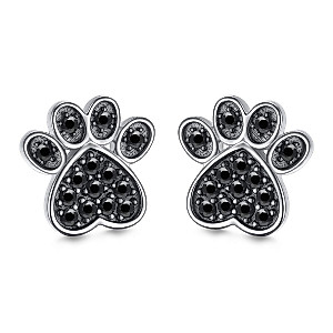 S925 Sterling Silver Jewelry Puppy Dog Cat Pet Paw Print Black CZ Stud Earrings