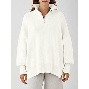 ANRABESS Women's Oversized Fashion Long Sleeve Quarter Zip Baggy Loose Slouchy Sweater Pullover Tops 2024 Fall Outfits White X-Small