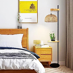 QIYIZM Floor Lamp with Table and Shelves for Living Room Bedroom Rattan Shelf Floor Lamps with Remote Boho Dimmable Standing Lamp Wicker Bamboo Wood Farmhouse Black Tall Lamp Rustic Floor Light