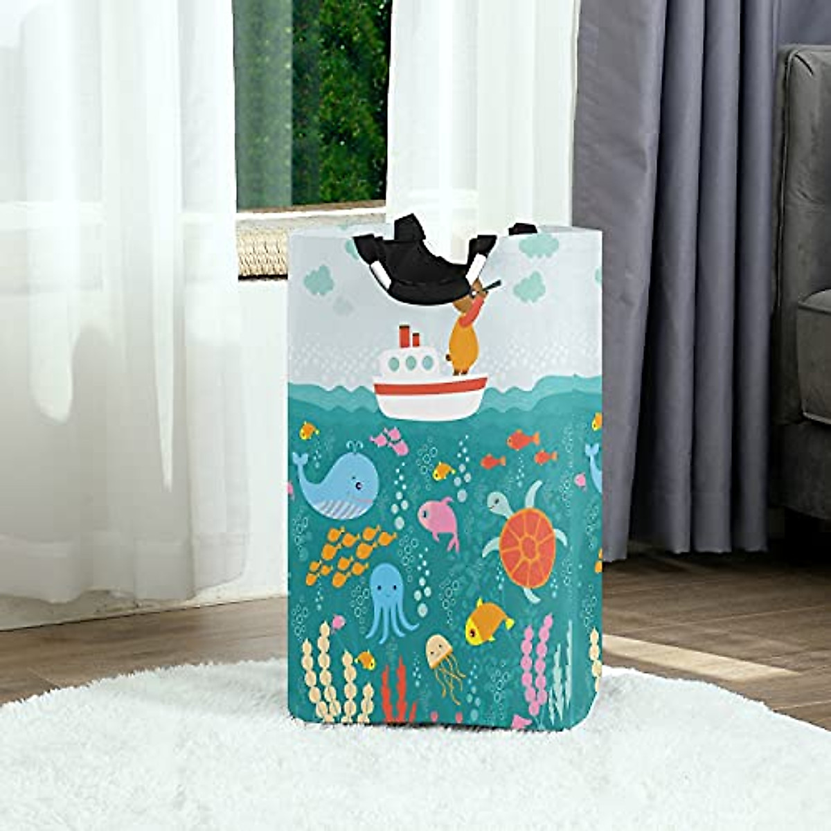 Rabbit Hare on Ship Dolphin Sea Turtle Fishes Octopus Turquoise Ocean Laundry Hamper Basket Bucket, Foldable Dirty Clothes Bag, Waterproof Fabric Washing Bin, Toy Storage with Handles for Bathroom