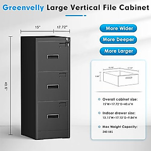 Greenvelly 18" D File Cabinet, 3 Drawer Vertical File Cabinet with Lock, Locking Filing Cabinet for Home Office, Black Metal File Cabinet for Hanging Letter/Legal Folders, Easy Assemble