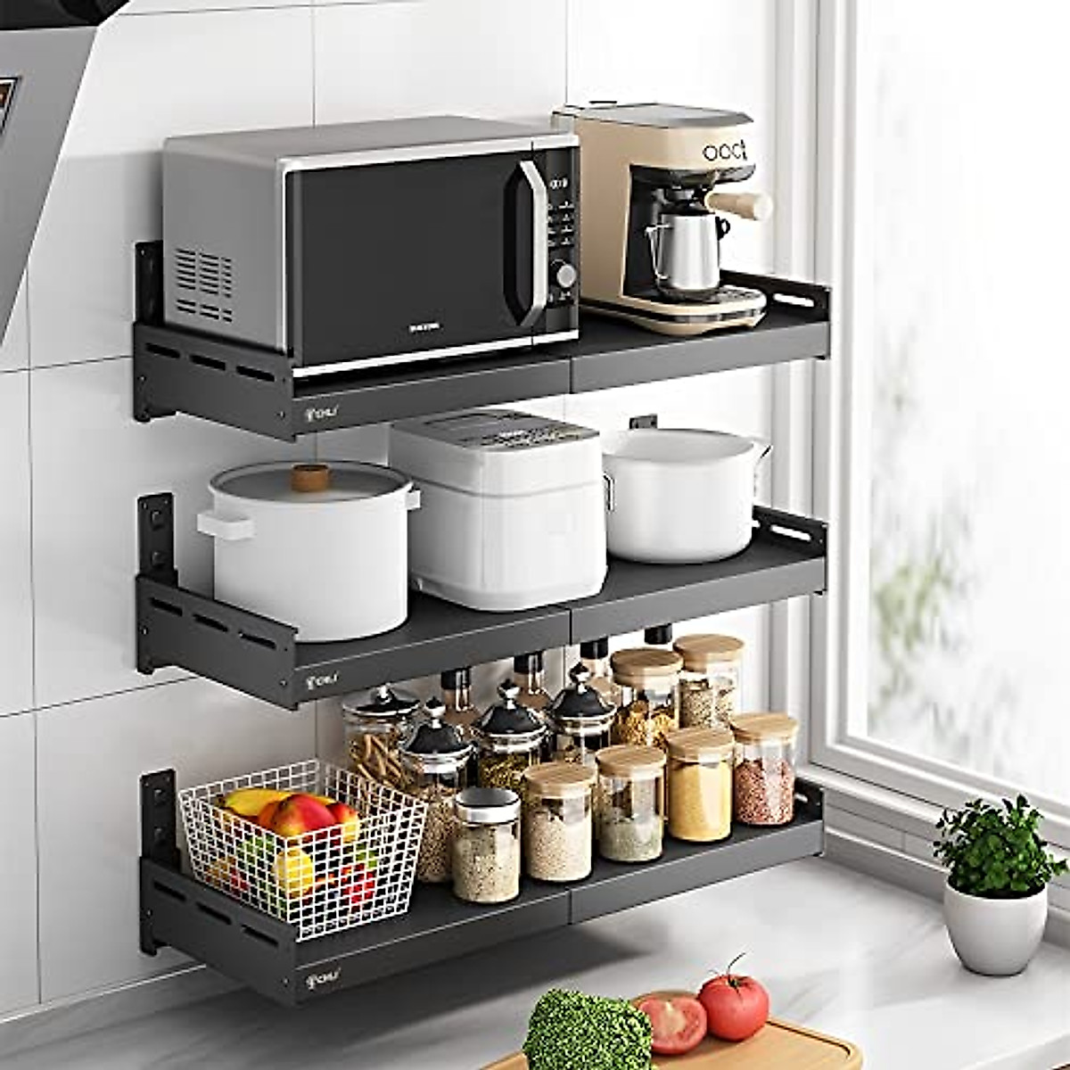 ECHLI retractable stainless steel wall rack, commercial storage rack, countertop multifunctional storage bracket, kitchen seasoning rack for electric oven microwave (13-26Black)