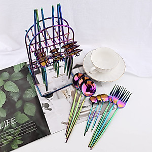 Uniturcky 24 Piece Hanging Flatware Set, Colorful Stainless Steel Household Tableware Set with Rack, Cutlery set for 6 with Holder, Mirror Polished Rainbow Silverware Sets, Include Knife Fork Spoon