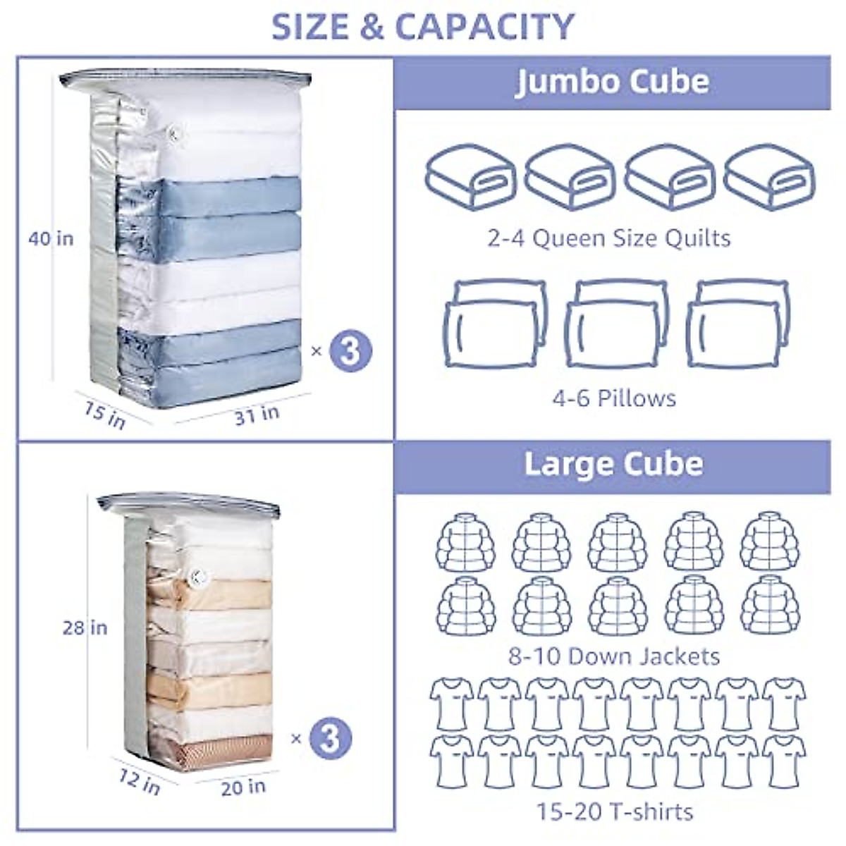 TAILINK 6 Pack Vacuum Storage Bags Space Saver Cube Vacuum Sealer Bags Large (3 Medium, 3 Large) Save 80% Space Vacuum Bags for Comforters Blanket Clothes Bedding Space Bags Vacuum Storage Bags