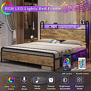 DICTAC Queen Bed Frame with Storage Headboard and Charging Station Led Bed Frame Queen Size with Headboard Storage,Metal Platform Bed Frame with LED Lights,No Box Spring Needed,Rustic Brown