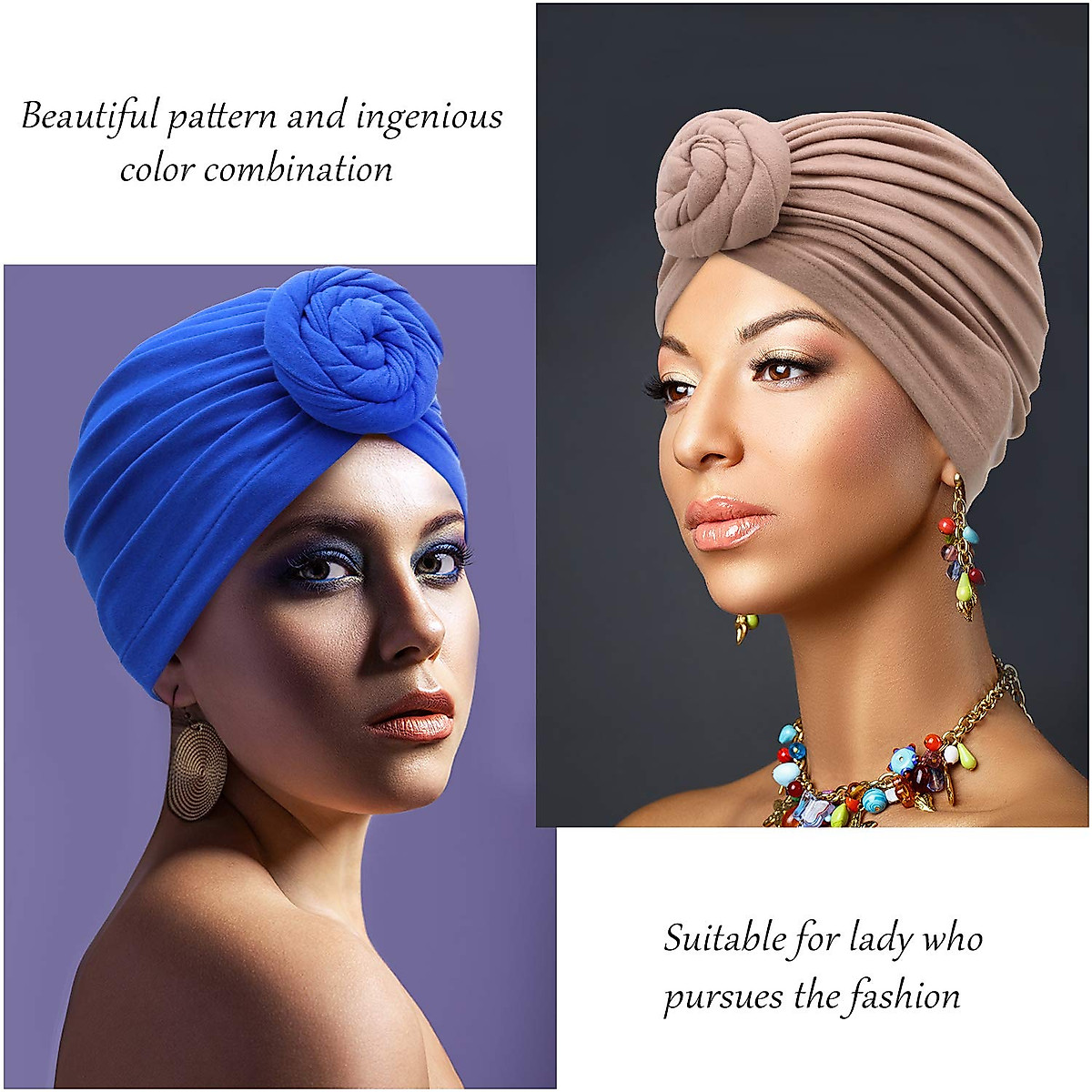 SATINIOR 3 Pieces African Turban for Women Knot Pre-Tied Bonnet Beanie Cap Headwrap (Black, Blue, Khaki)