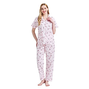 GLOBAL Women's 100% Cotton Pajama Sets | Two-Piece Soft Short-Sleeved and Long Pants PJs for Spring and Summer | Button Down Front Top and Drawstring Waist Bottom Nightwear
