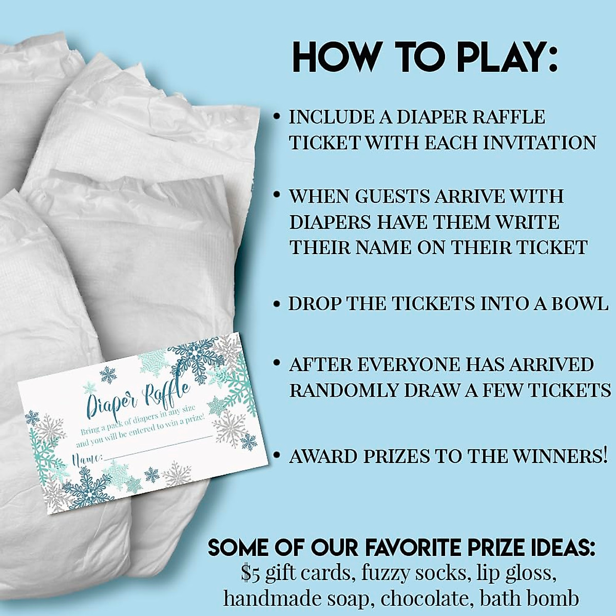 Amanda Creation Blue and Silver Snowflake Diaper Raffle Tickets for Boy Baby Showers, 20 2" X 3” Double Sided Insert Cards for Games, Bring a Pack of Diapers to Win Favors & Prizes!