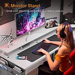 ODK 58 Inch Computer Desk with USB Charging Port & Power Outlet, L-Shaped Corner Desk with Storage Shelves & Monitor Shelf for Home Office Workstation, Modern Writing Table, White