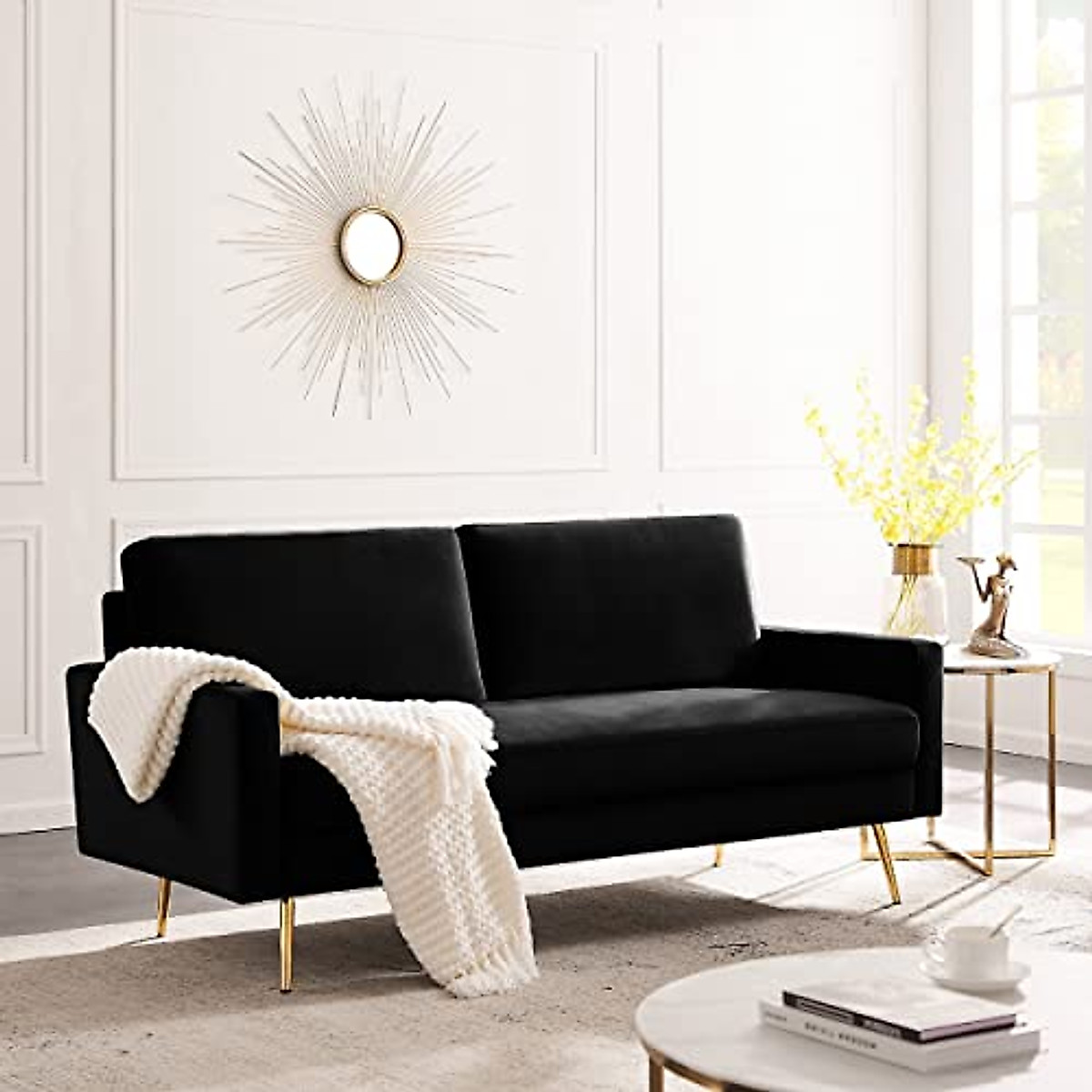 QYSMT 62inch Velvet Square Arm Loveseat，Velvet Cover Modern Design Couch,with Gold-Finished Metal Legs, with 500 LB Load, 62'' x 30.7'' x 32.7''Tools-Free Assemble (Black) (LHSC18)