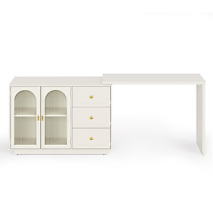 RoyalCraft Makeup Vanity Desk, Extendable Corner Vanity Makeup Table with 3 Drawers & 2 Doors, Modern Dressing Table for Bedroom, White Makeup Vanity Without Mirror