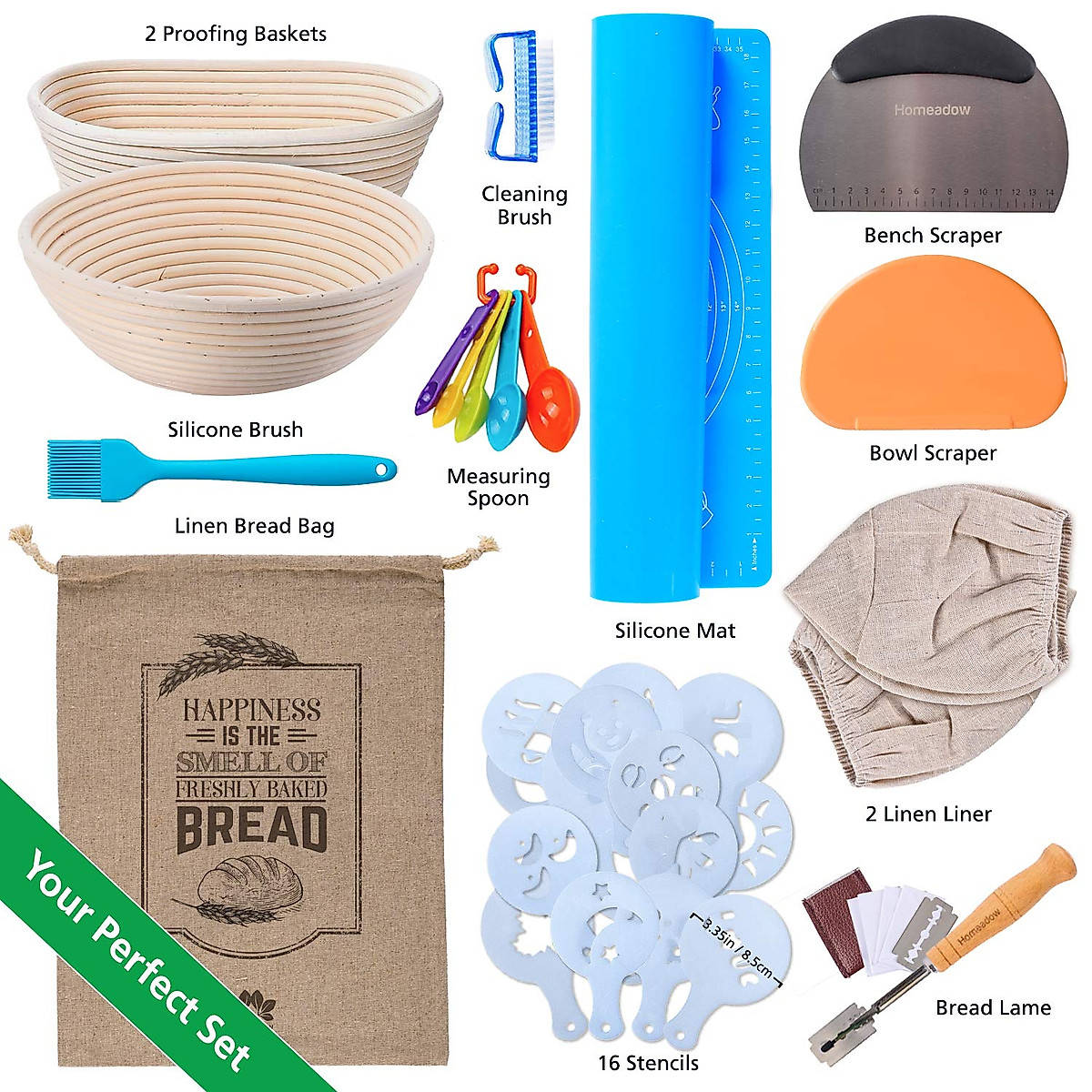 HOMEADOW Banneton Bread Proofing Basket - Perfect Gift - 11 Pcs Kit: 10' Oval + 9' Round Brotform, Liner, Bread Lame, Bench Scraper, Dough Scraper, Stencils, Baking Mat, Bread Bag, Brush | Sourdough