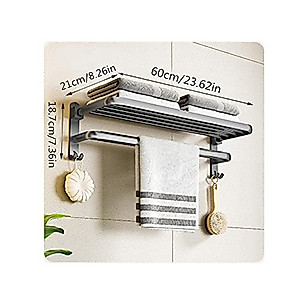 WANLIAN 2 Piece Bathroom Towel Rack, 20inch Foldable Double Towel Rack with Towel Bar and 4 Bathroom/Kitchen Hooks, Thickened Space Aluminum Towel Rack Wall Mount (Gun Grey Towel Rack)
