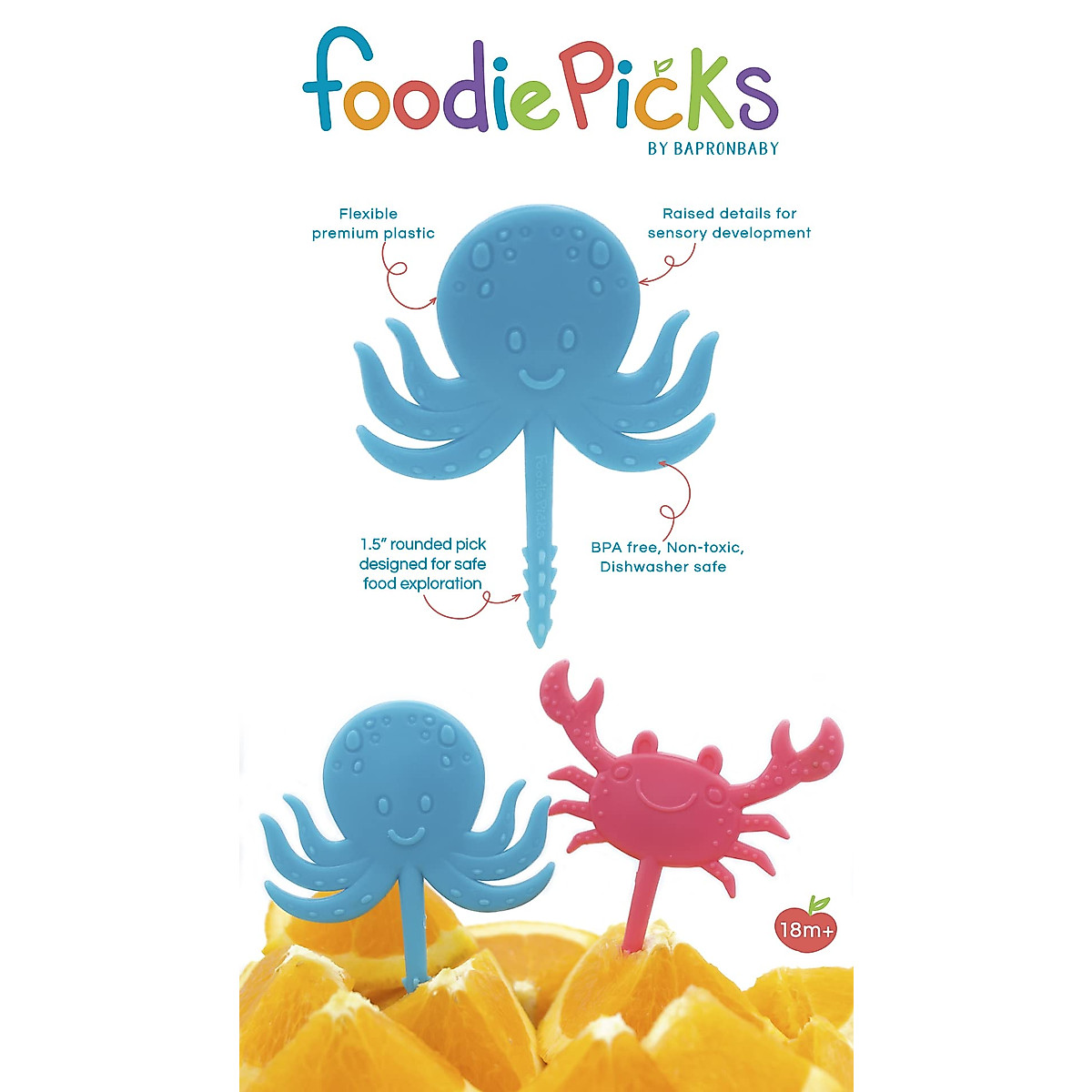 BapronBaby Sea Life Foodie Picks (2 Pack - Crab & Octopus) - Toddlers + Preschoolers Utensils - BPA Free - Dishwasher Safe - Self Feeding - 18 Months+