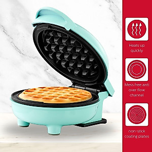 Mini Maker for Individual Waffles, Hash Browns, Keto Chaffles with Easy to Clean, Non-Stick Surfaces, 4 Inch, Waffles in Minutes (Aqua)