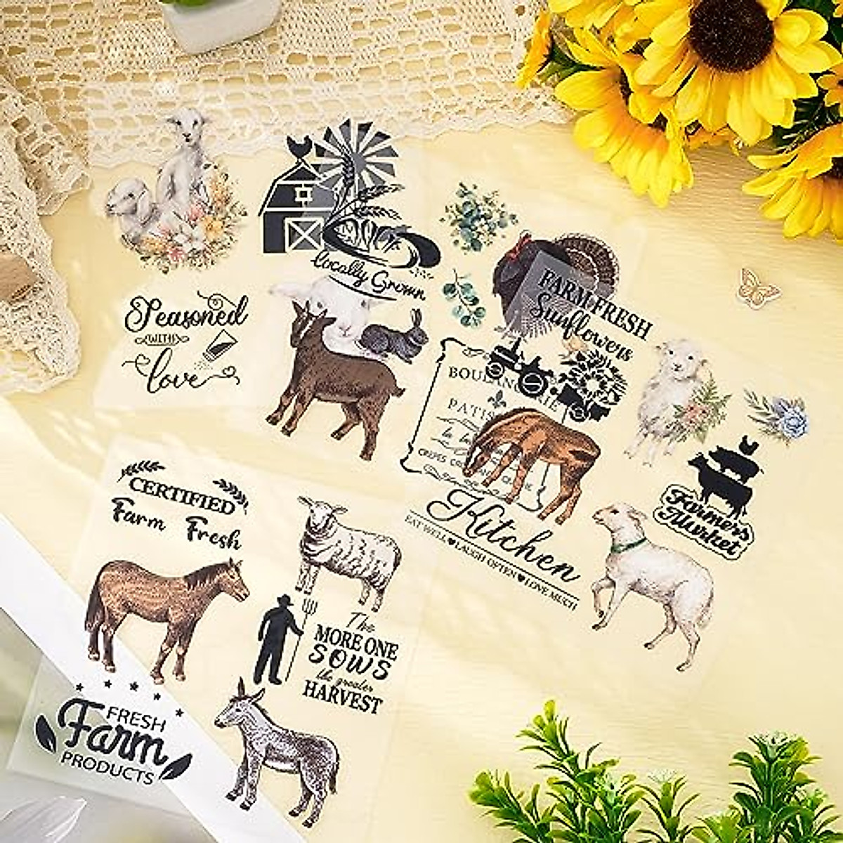 Whaline 12 Sheet Farmhouse Rub on Transfer for Furniture and Crafts Rustic Animals Letters Rub on Transfer Furniture Stickers Decal for Farmhouse School Home Office DIY Art Craft Decor, 5.5 x 5.5 Inch